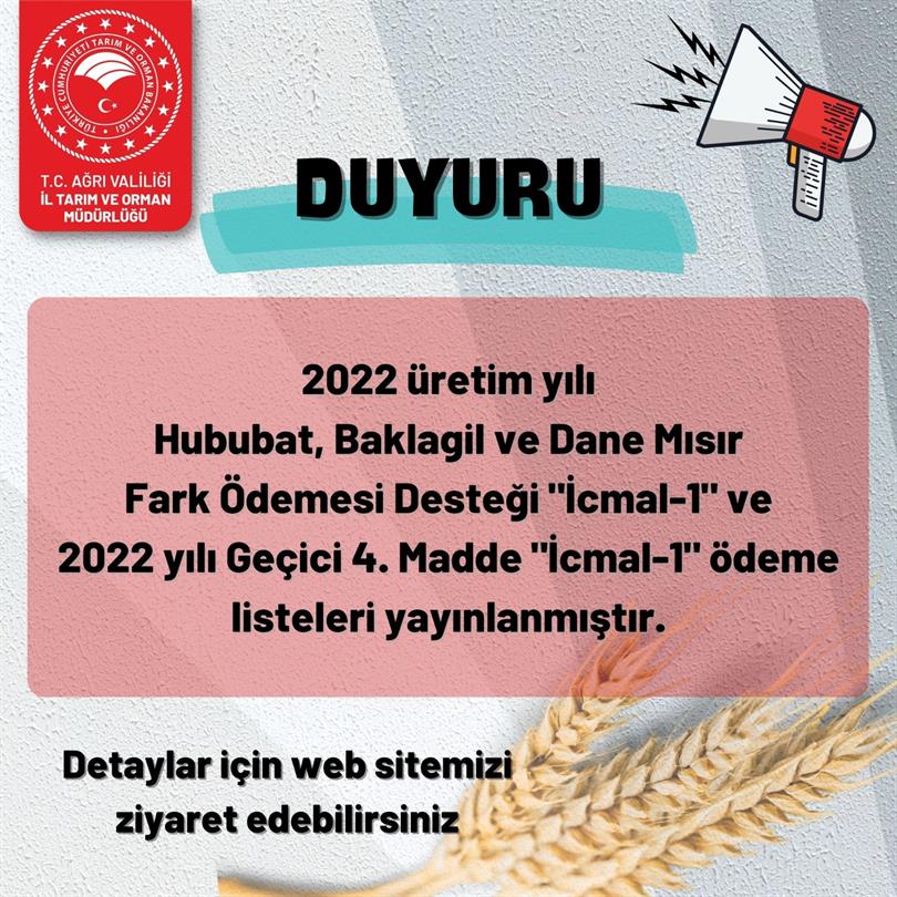 2022 YILI HUBUBAT BAKLAGİL VE DANE MISIR FARK ÖDEMESİ DESTEĞİ İCMAL-1 ...